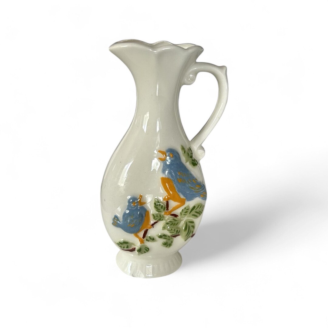Vintage 60’s Pitcher Vase With Blue Birds Sitting on a Green Branch ...