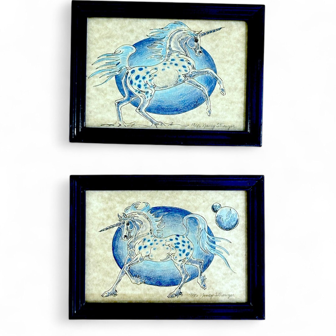 Original 1970’s Nancy Strowger Fantasy Ink Unicorn Painting. Set of Two ...