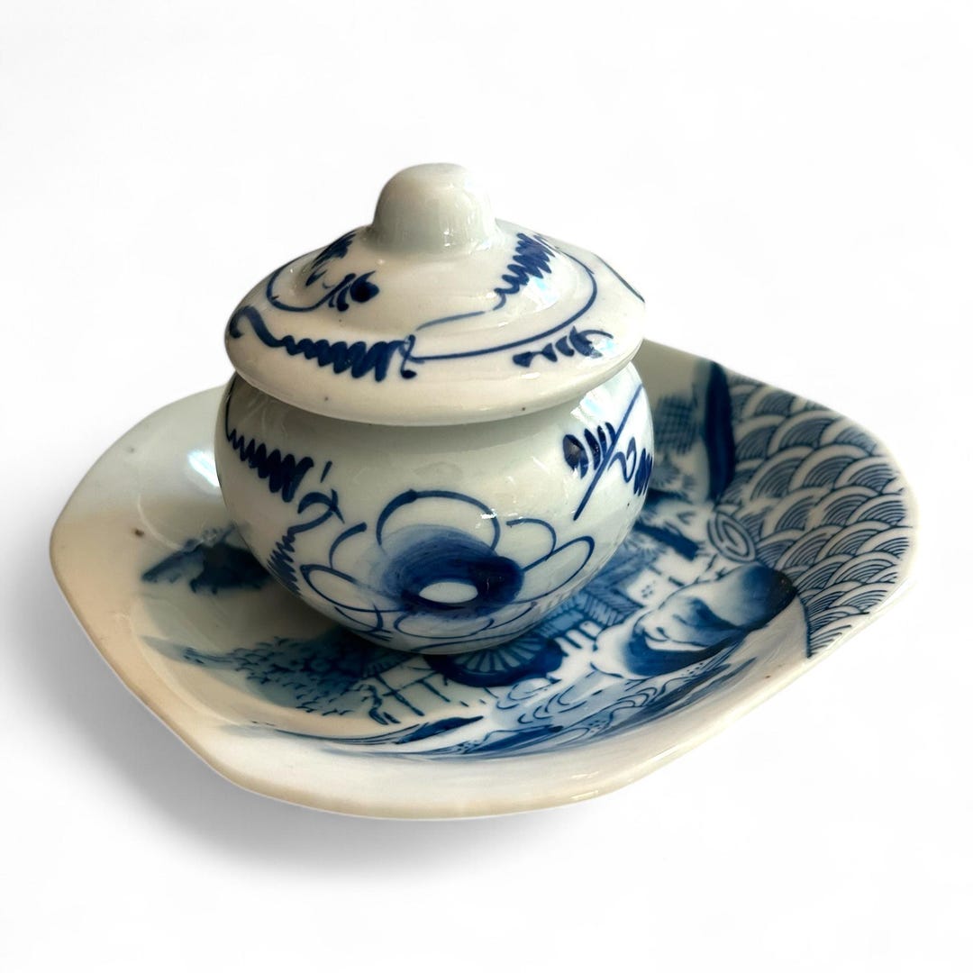 Vintage Japanese Handmade Miniature Pot and Plate, Hand Painted Floral ...