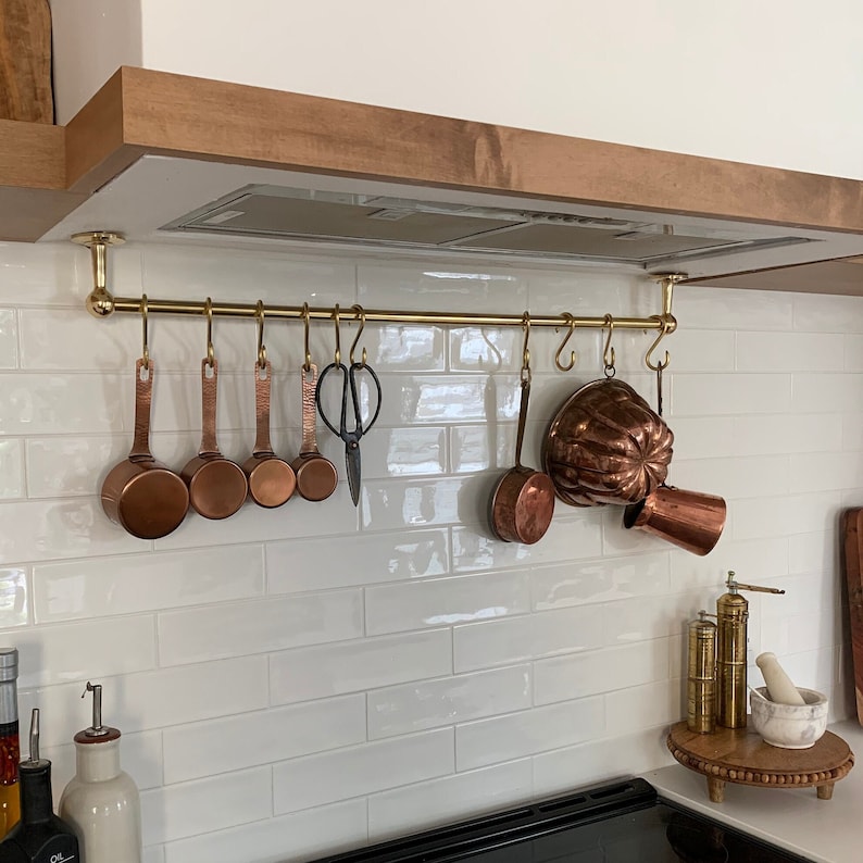 Unlacquered Brass Pot Rail With S Hooks Antique Style Unlacquered Brass Pot Rack Vintage