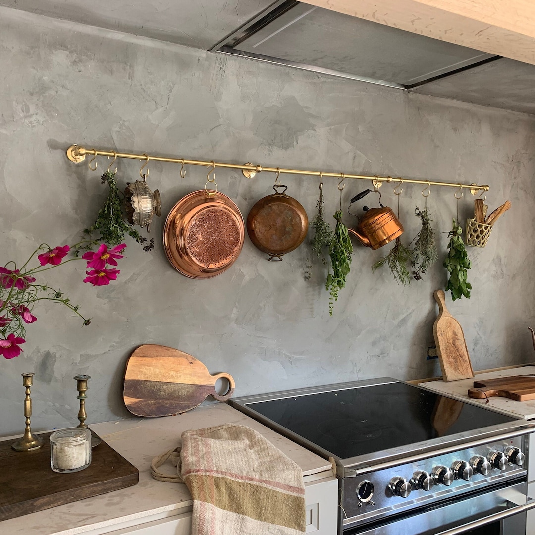 Unlacquered Brass Pot Rail With S Hooks Antique Style Unlacquered Brass Pot Rack Vintage