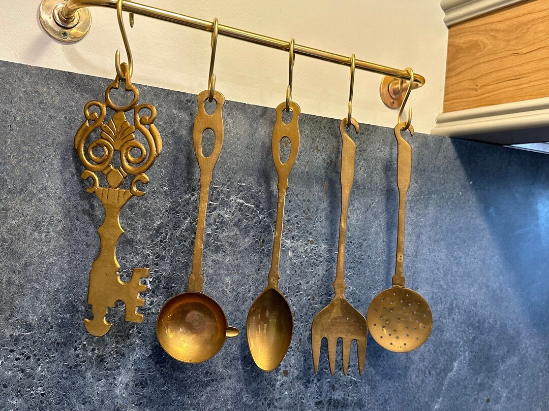 Unlacquered Brass Pot Rack: Wall Mount Kitchen Hanging Rod With S Hooks ...