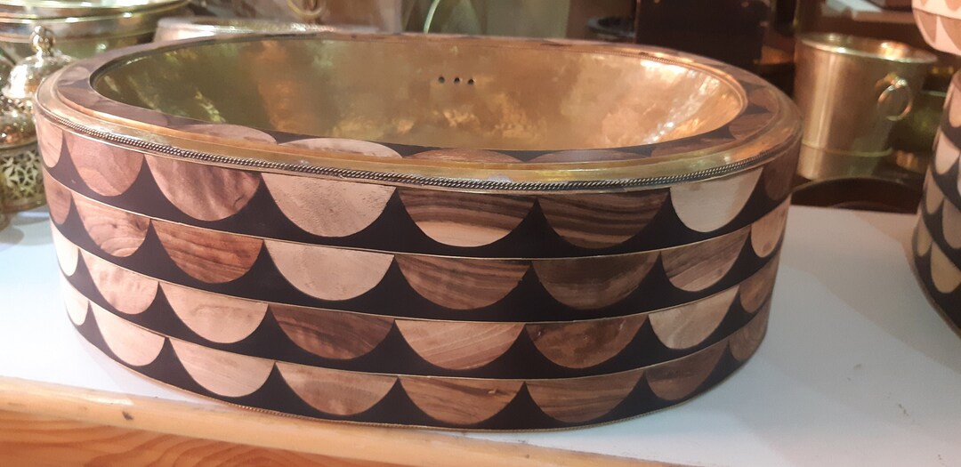 Brass Sink With Wood Inserts and Resin Frame Artisan Moroccan Bathroom ...