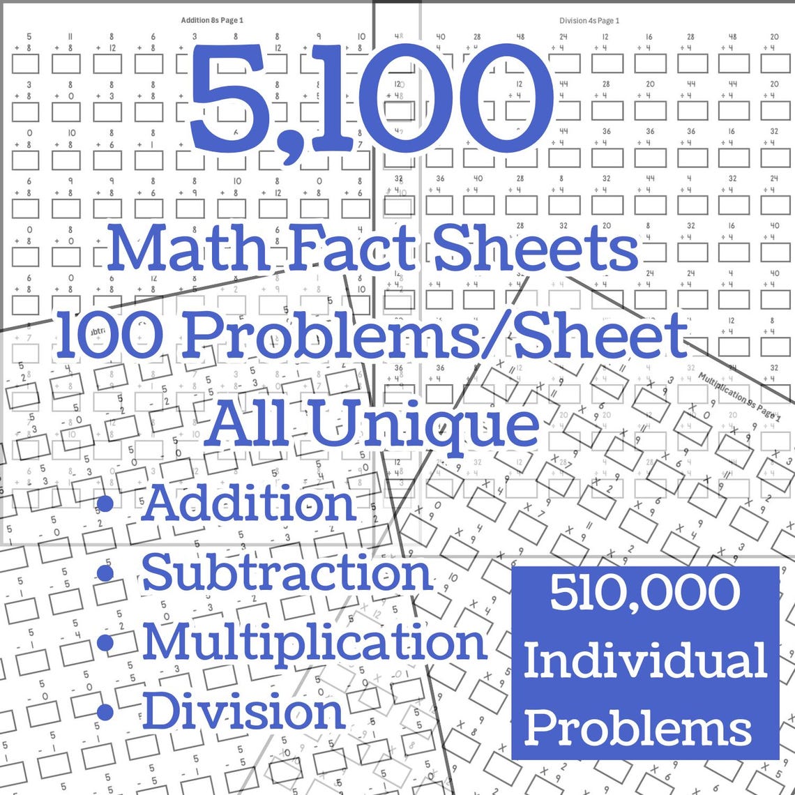 5,100 Math Fact Sheets (all Combinations of 0-12) 100 Problems per ...
