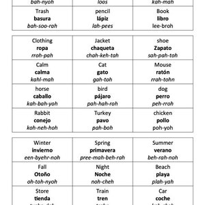 150+ Words Learn Spanish With Pronunciation Sheets & Cards - Etsy
