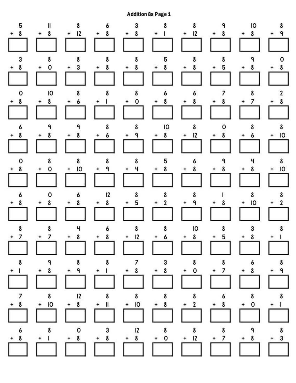 5,100 Math Fact Sheets (all Combinations of 0-12) 100 Problems per ...