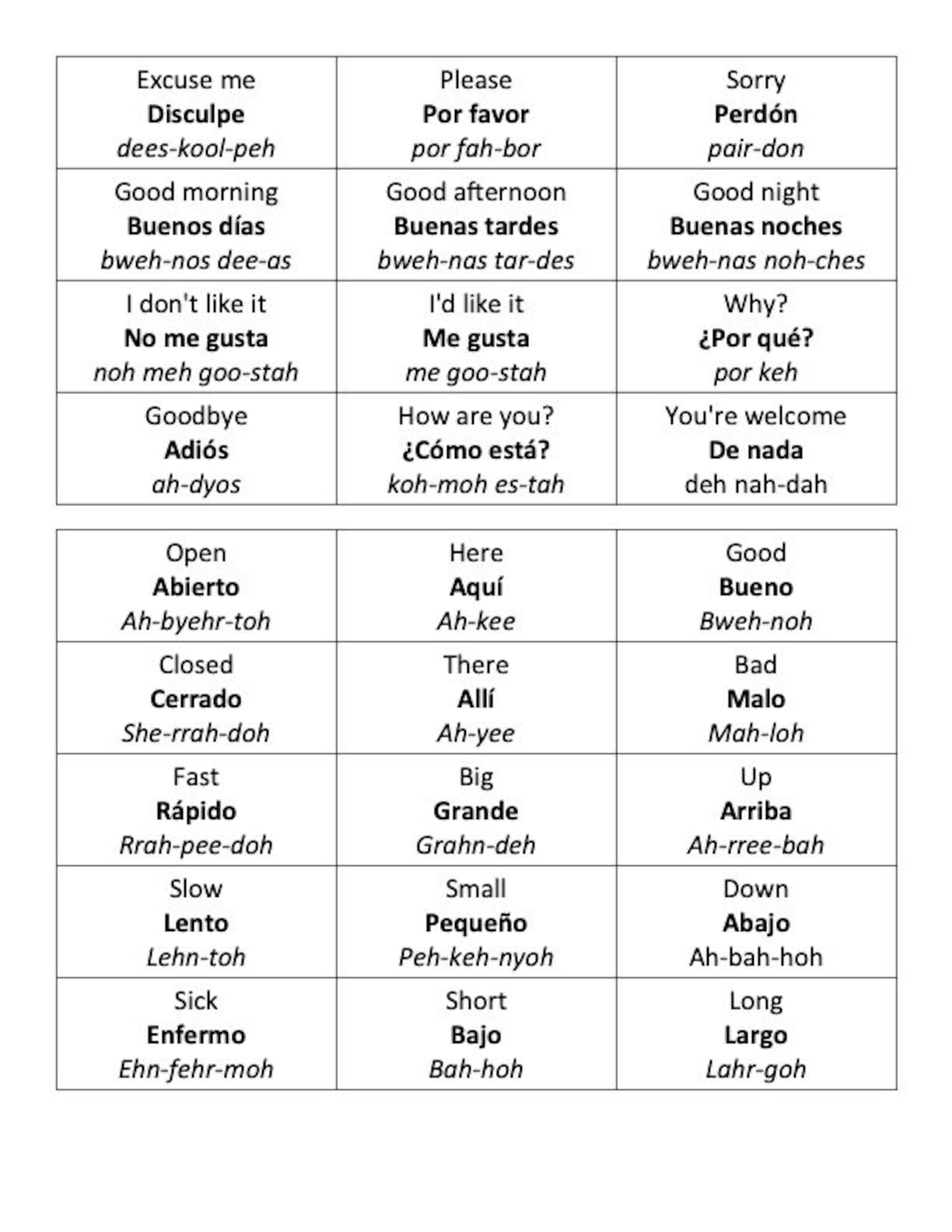 150+ Words Learn Spanish With Pronunciation Sheets & Cards - Etsy