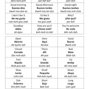 150+ Words Learn Spanish With Pronunciation Sheets & Cards - Etsy