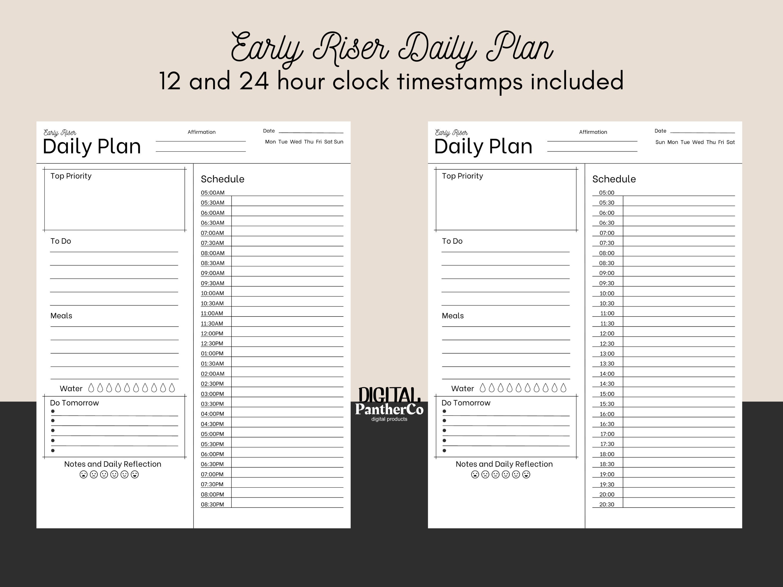 Early Riser Daily Planner Printable Fillable PDF | Minimalist Planer ...