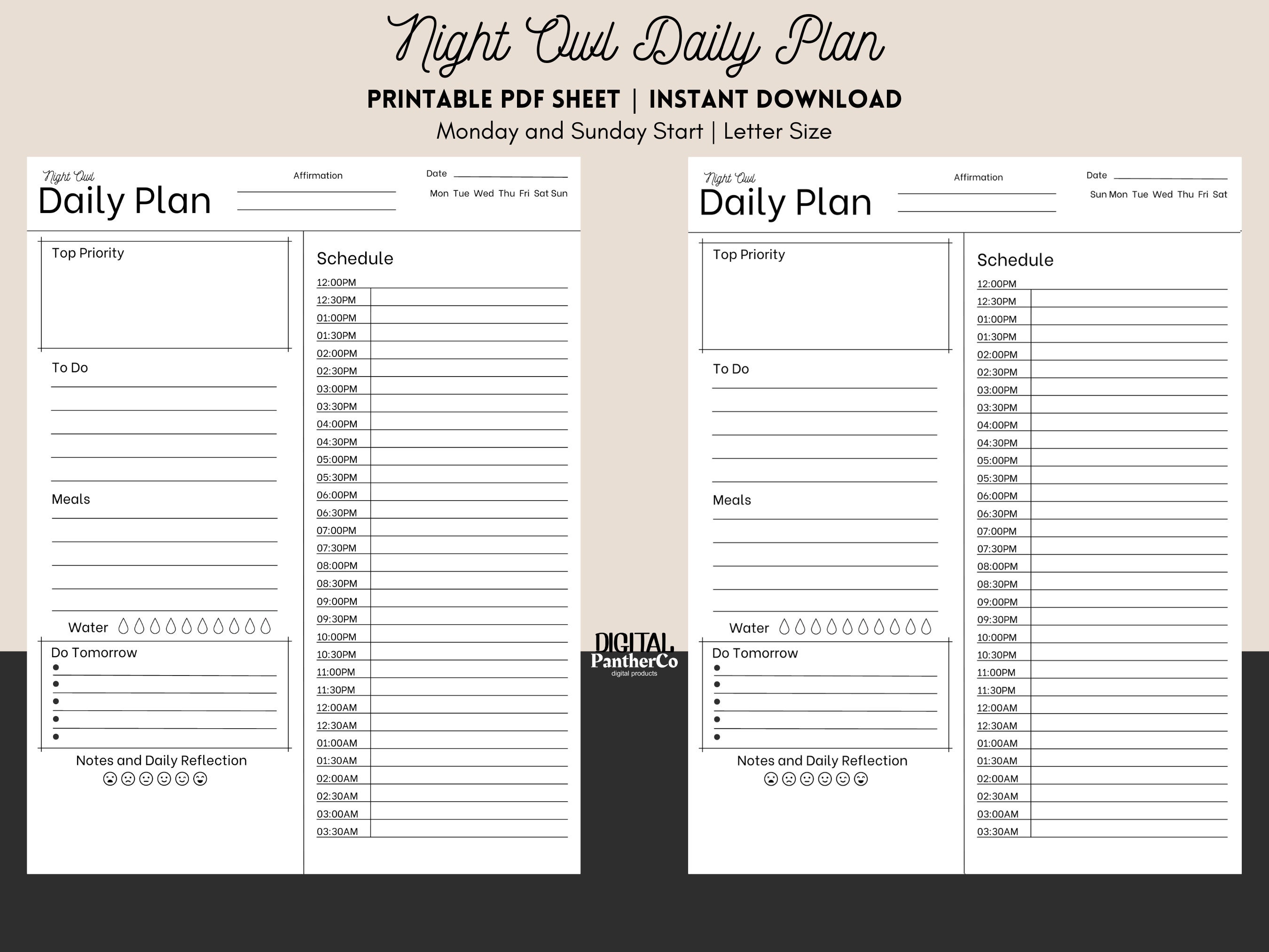 Night Owl Daily Planner Printable Fillable PDF Minimalist Planer Work ...