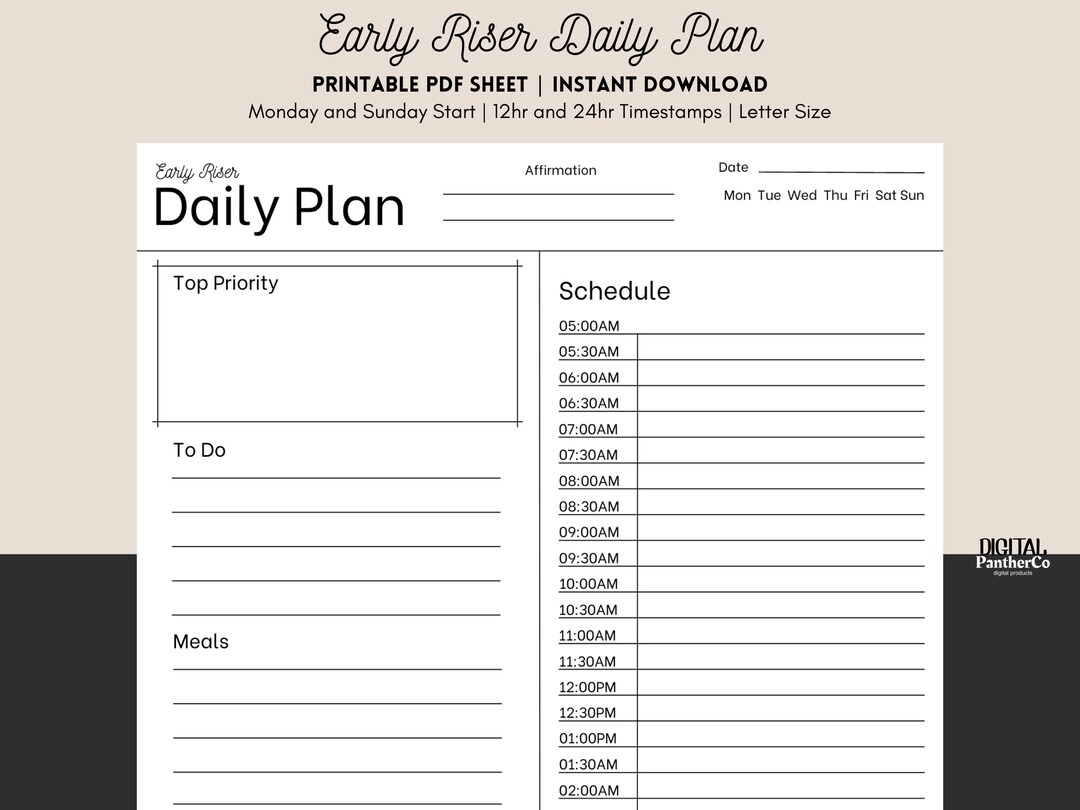 Early Riser Daily Planner Printable Fillable PDF | Minimalist Planer ...