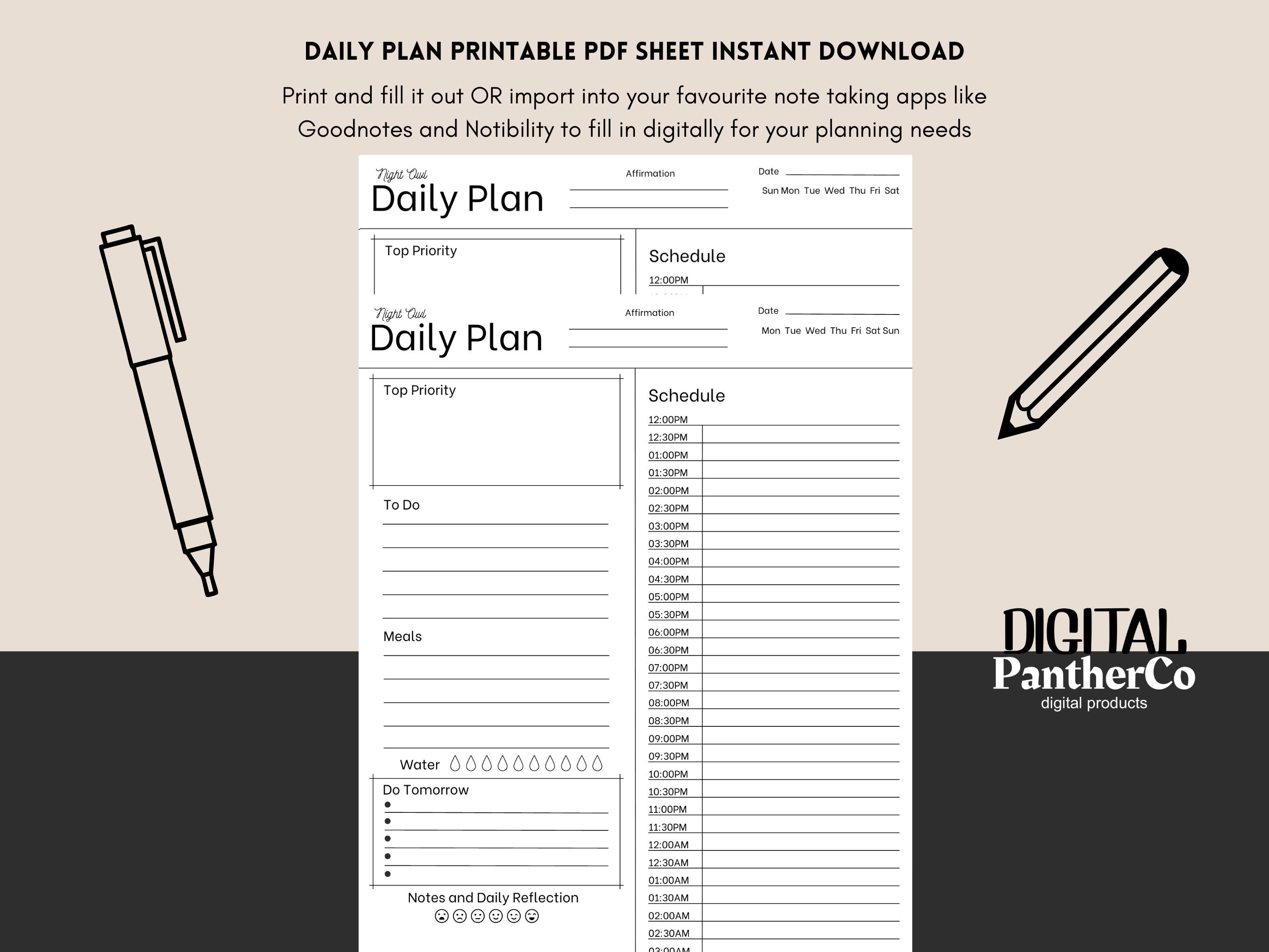 Night Owl Daily Planner Printable Fillable PDF Minimalist Planer Work ...