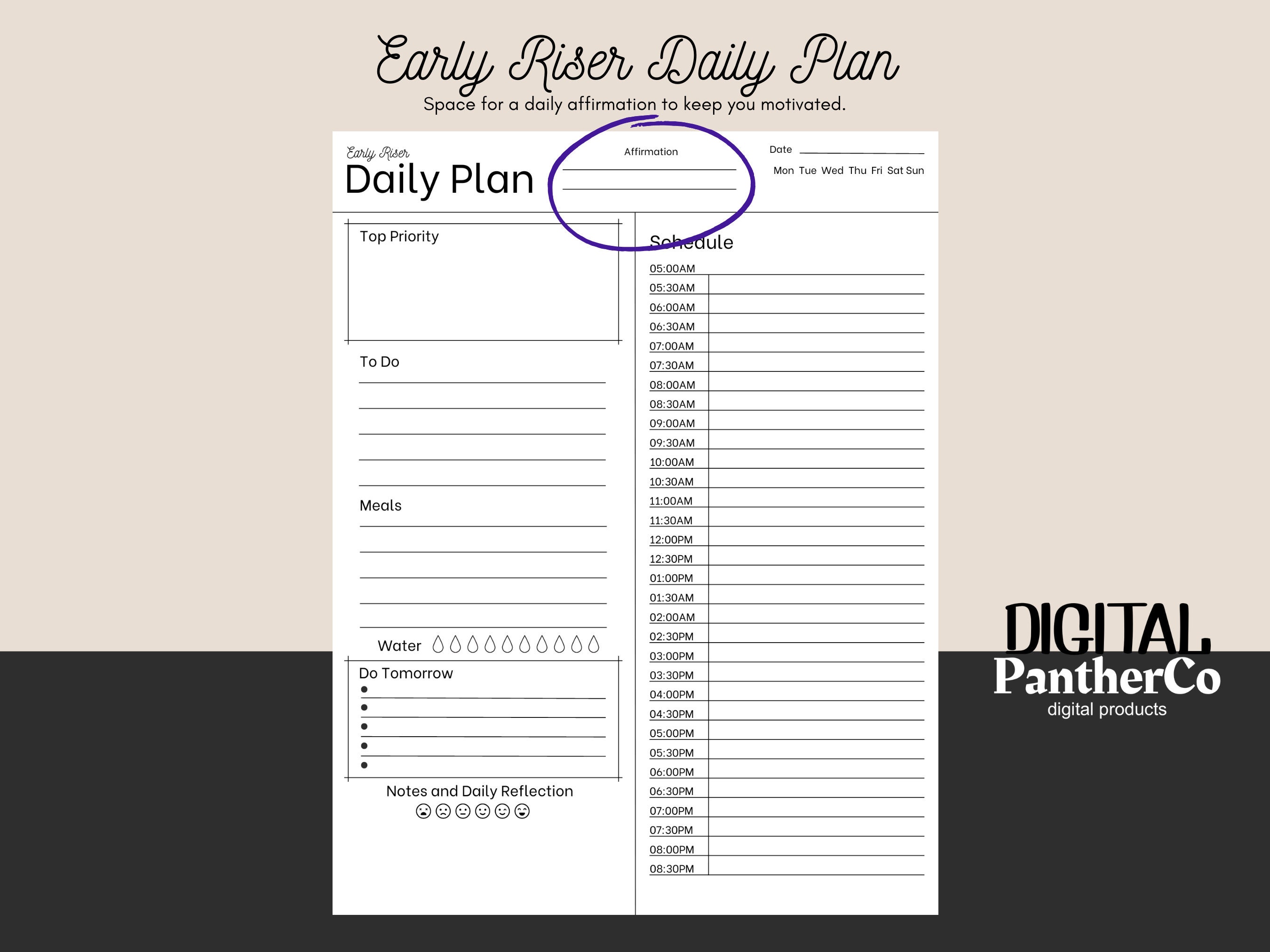 Early Riser Daily Planner Printable Fillable PDF Minimalist Planer Work ...