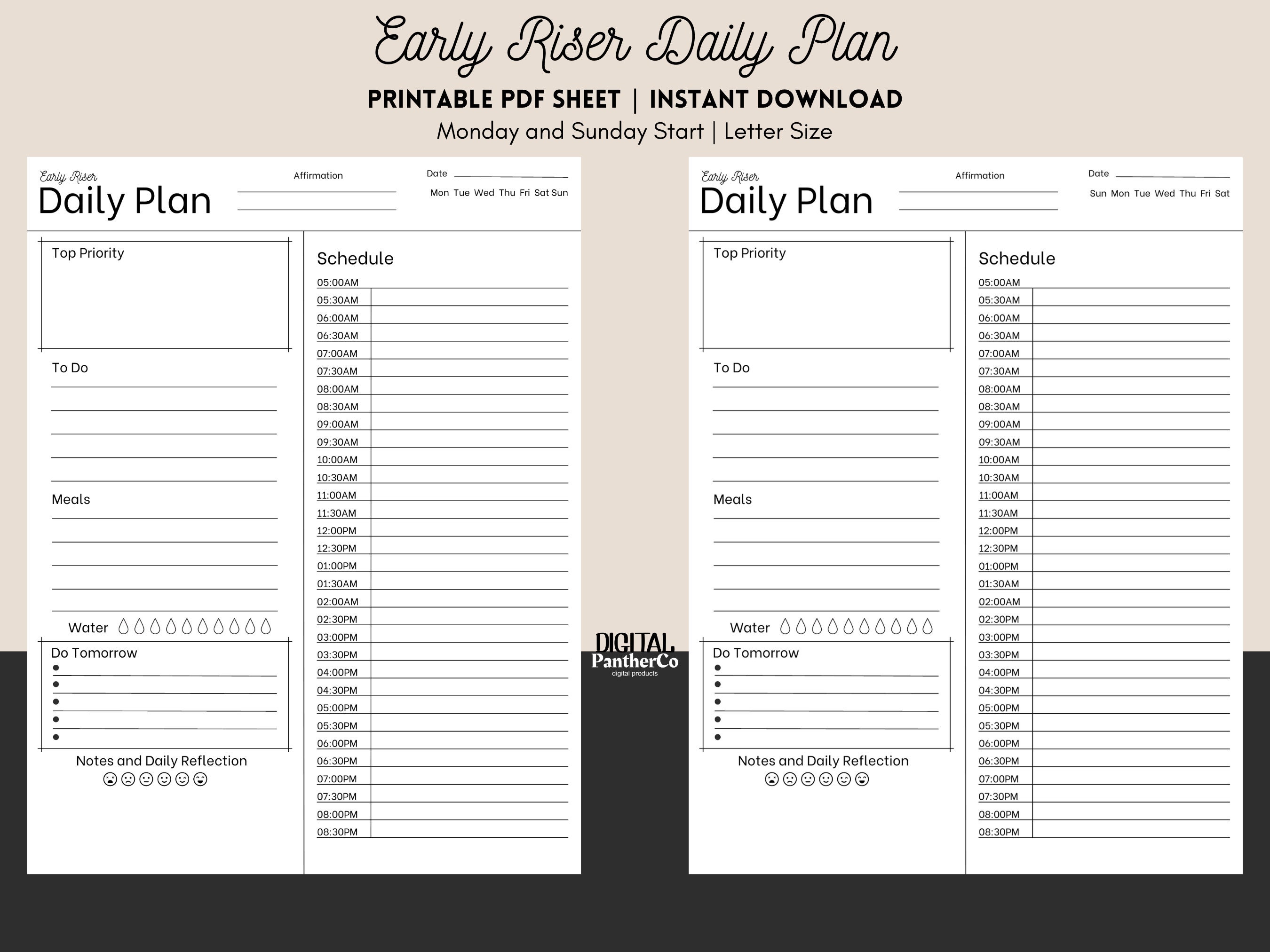 Early Riser Daily Planner Printable Fillable PDF | Minimalist Planer ...