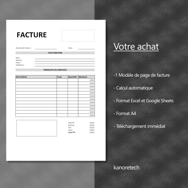 Excel Invoice, Invoice in French, Invoice for Micro Business, Invoice ...