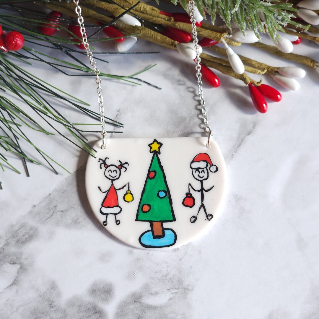 Adorable Stick Figures & Christmas Tree Necklace, Hand Painted ...