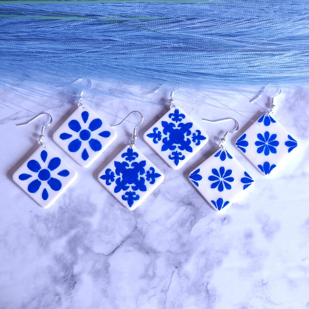 Mediterranean Tile Earrings, Blue and White Statement Earrings, Hand ...