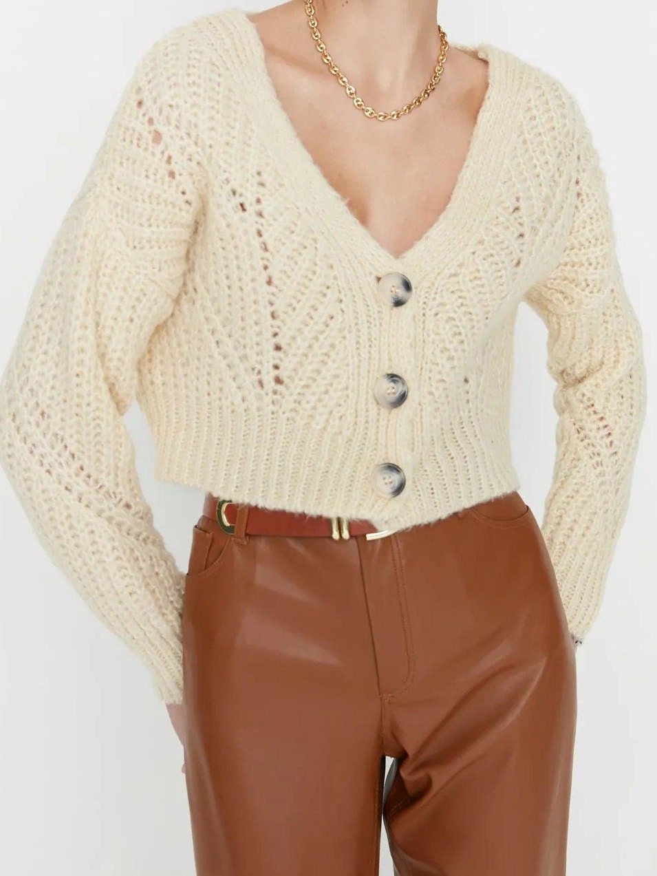 Cozy and Chic With Beige Crop Button-up Long Sleeve Cardigan - Etsy
