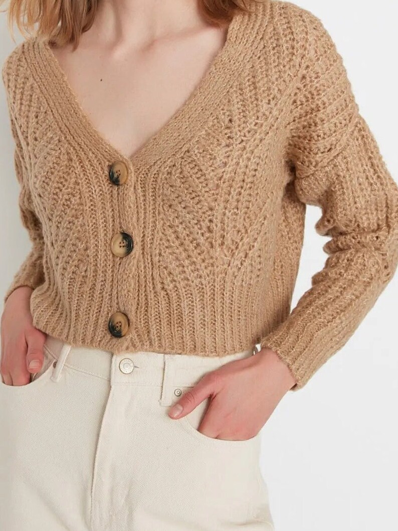 Camel Crop Button-up Long Sleeve Cardigan Sweater - Perfect for ...