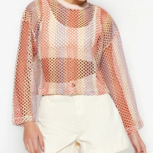 Sheer Elegance: Colorful Long Sleeve Transparent Loose T-shirt, Ultra ...