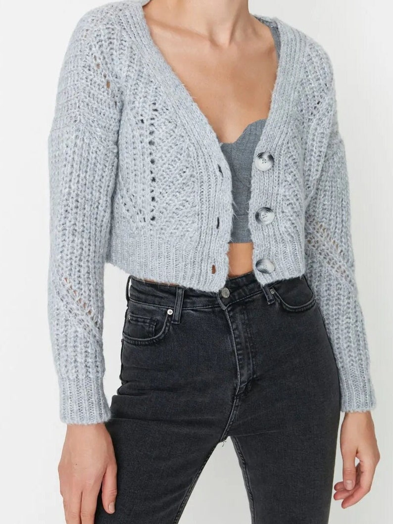 Classic and Chic GRAY Crop Button-up Long Sleeve Cardigan Sweater ...