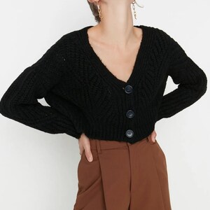 Black Crop Button-up Long Sleeve Cardigan Sweater - Perfect for ...