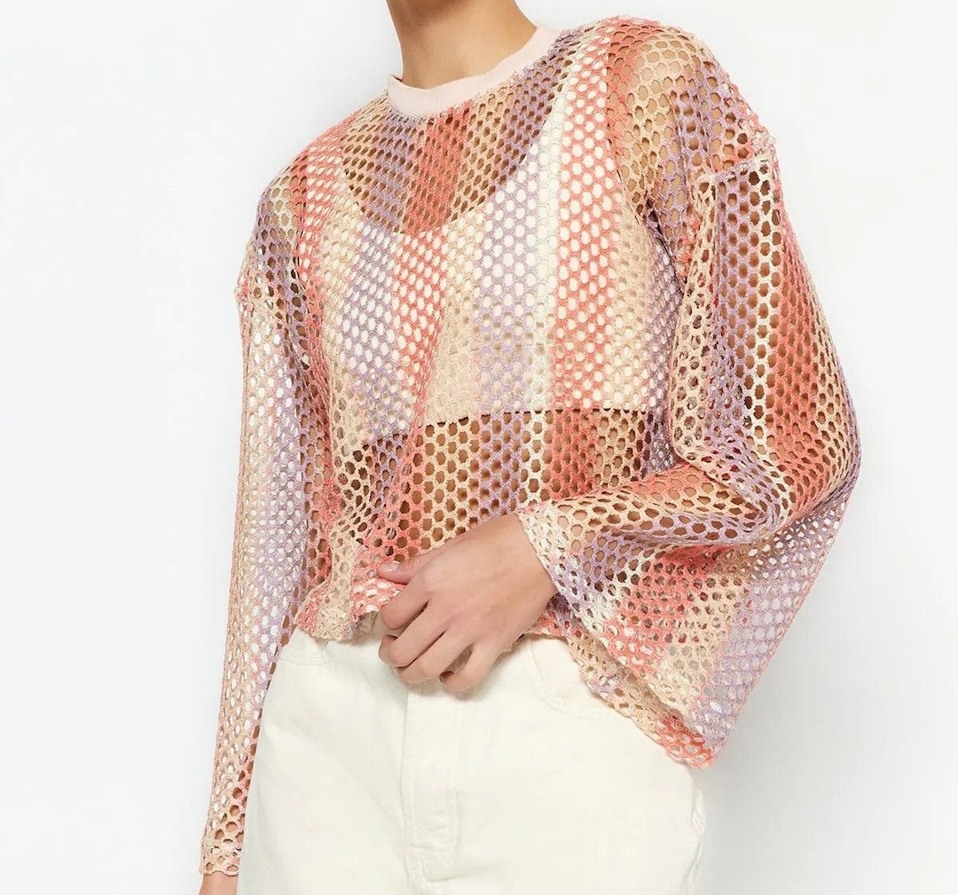 Sheer Elegance: Colorful Long Sleeve Transparent Loose T-shirt, Ultra ...