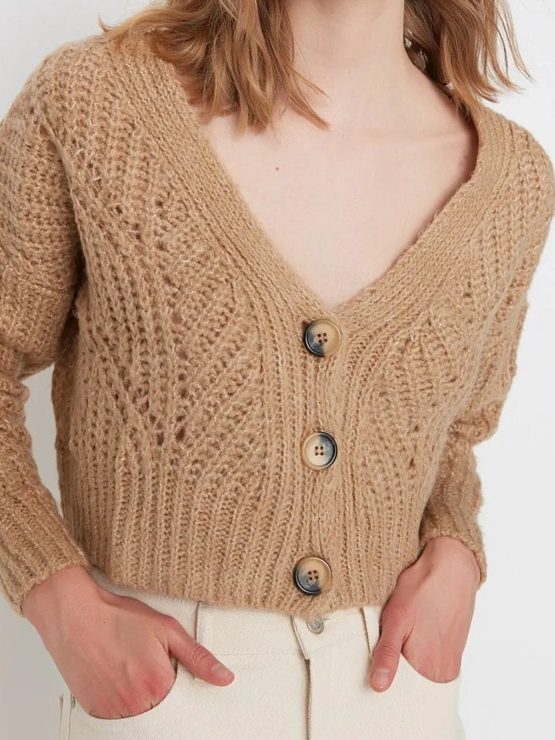 Camel Crop Button-up Long Sleeve Cardigan Sweater - Perfect for ...