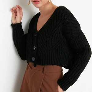 Black Crop Button-up Long Sleeve Cardigan Sweater - Perfect for ...