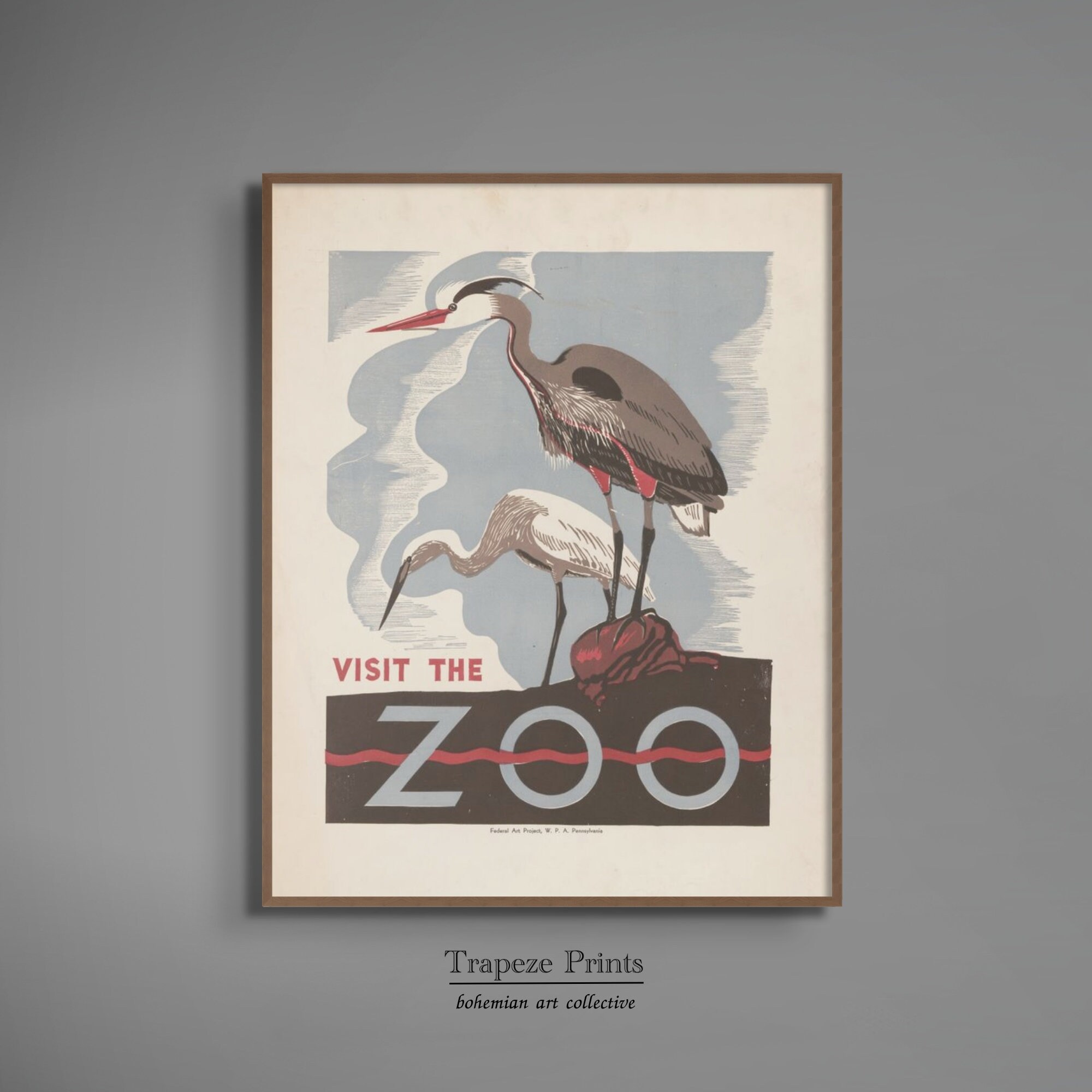 Vintage Animal Zoo Poster Downloadable Bird Wall Art | Heron Neutral ...