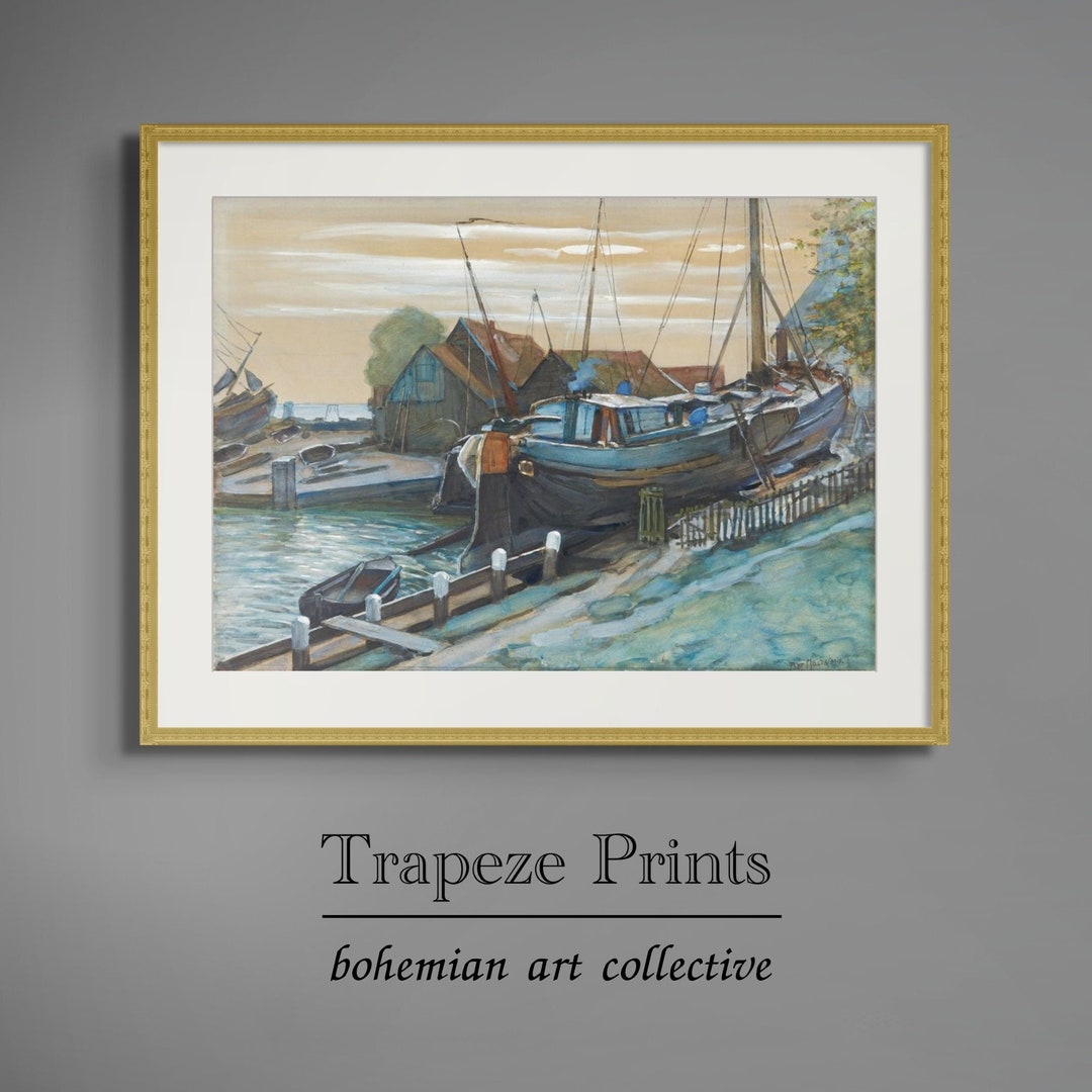 Printable Impressionist Boat at Dock Painting | Vintage Nautical Wall ...