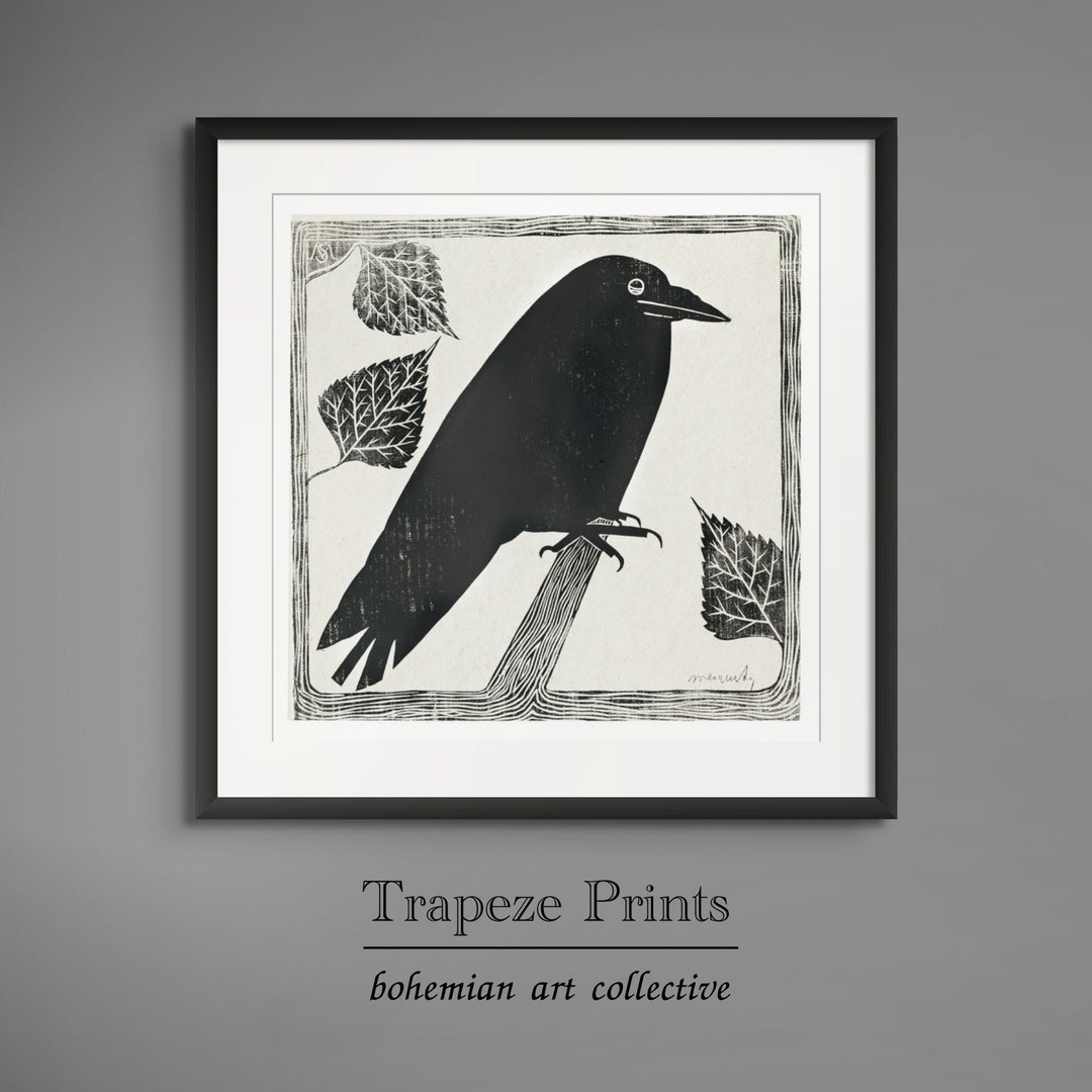 Printable Crow Black & White Lithograph Print | Vintage Raven Wall Art ...