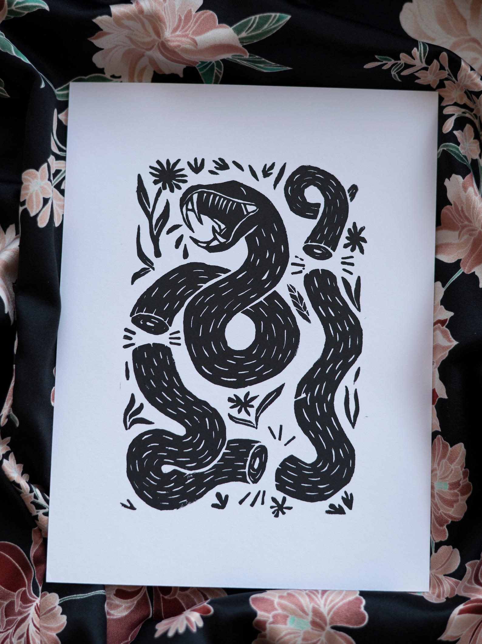 Snake and Flowers Linocut Block Print - Etsy