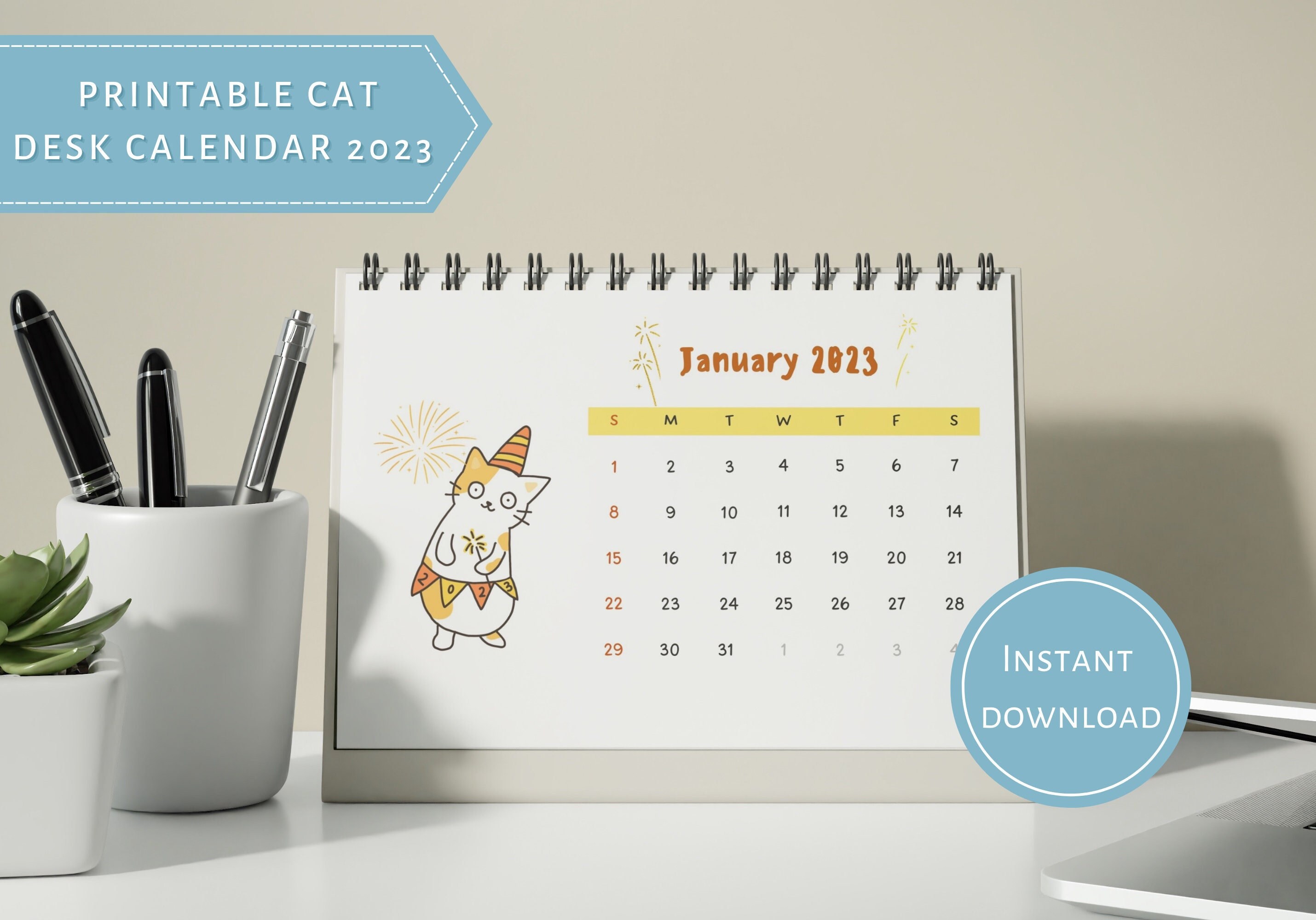 2023 Desk Calendar Printable, Cat Printable Calendar, Desktop Calendar ...