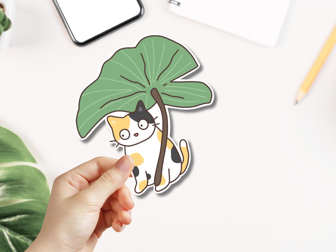Cute Cat With Leaf Umbrella Vinyl Laptop Sticker – Funny Animal Decal ...