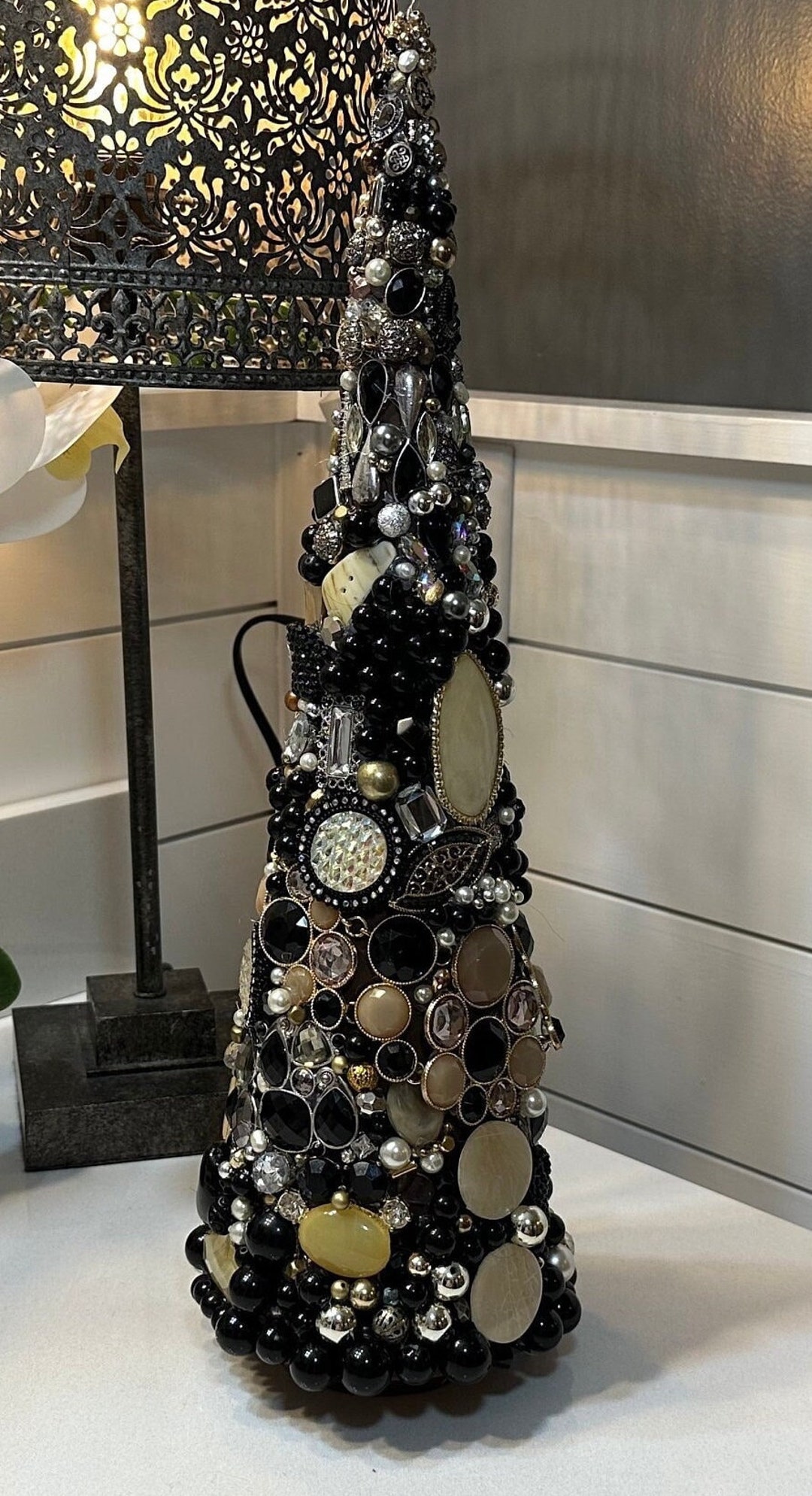 Rare Repurposed Black & Tan Rhinestone Crystal Jeweled Tree Art Topiary ...