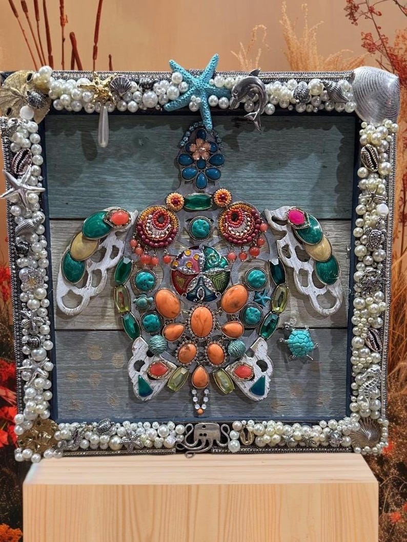 Rare One of a Kind Handmade Wall Jewelry Art Picture Sea Turtles ...