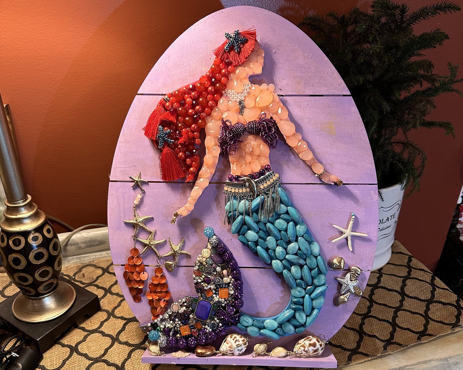Handmade Mermaid Table Top Decor Vintage Upcycled Jewelry Mosaic Art 18 ...
