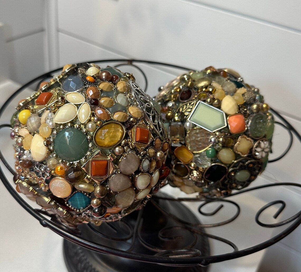 Rare Find 2 Fall Color Jeweled Round Orbs/balls All Made W/ Genuine ...