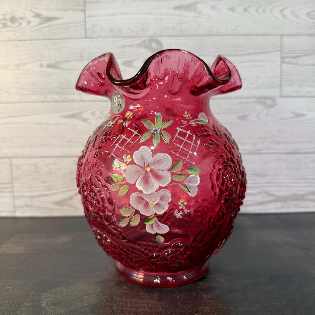 Fenton 95th Anniversary Ruffled Edge Cranberry Embossed Roses C ...