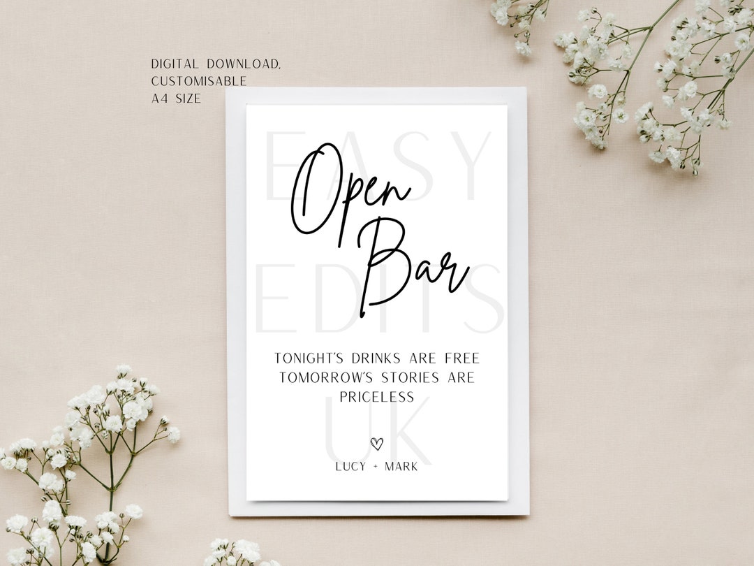 Editable Open Bar Sign Minimalist Open Bar Sign Open Bar Wedding Sign ...