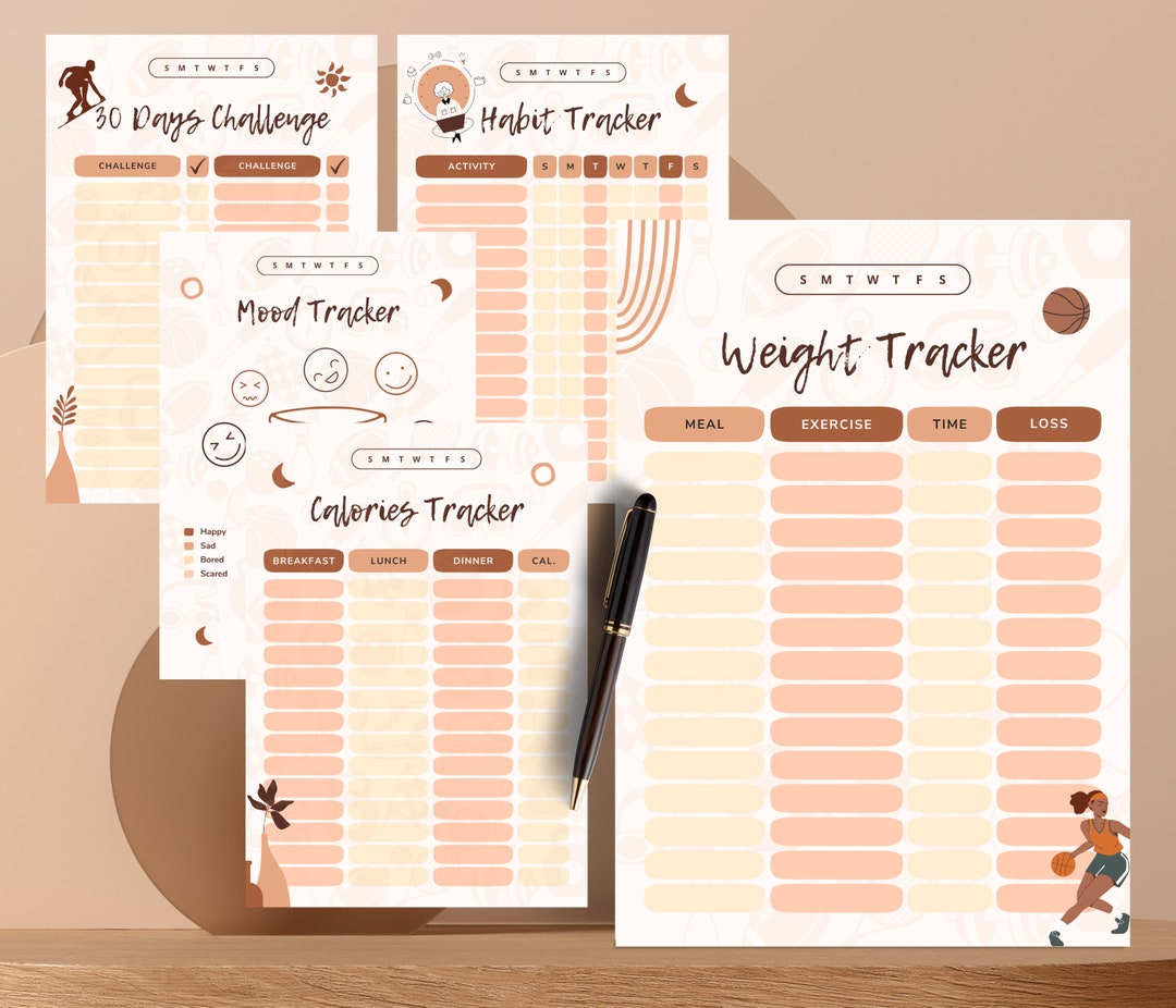 Terracotta, Beige Modern Boho Tracker Planner, Fitness Tracker, Habit ...