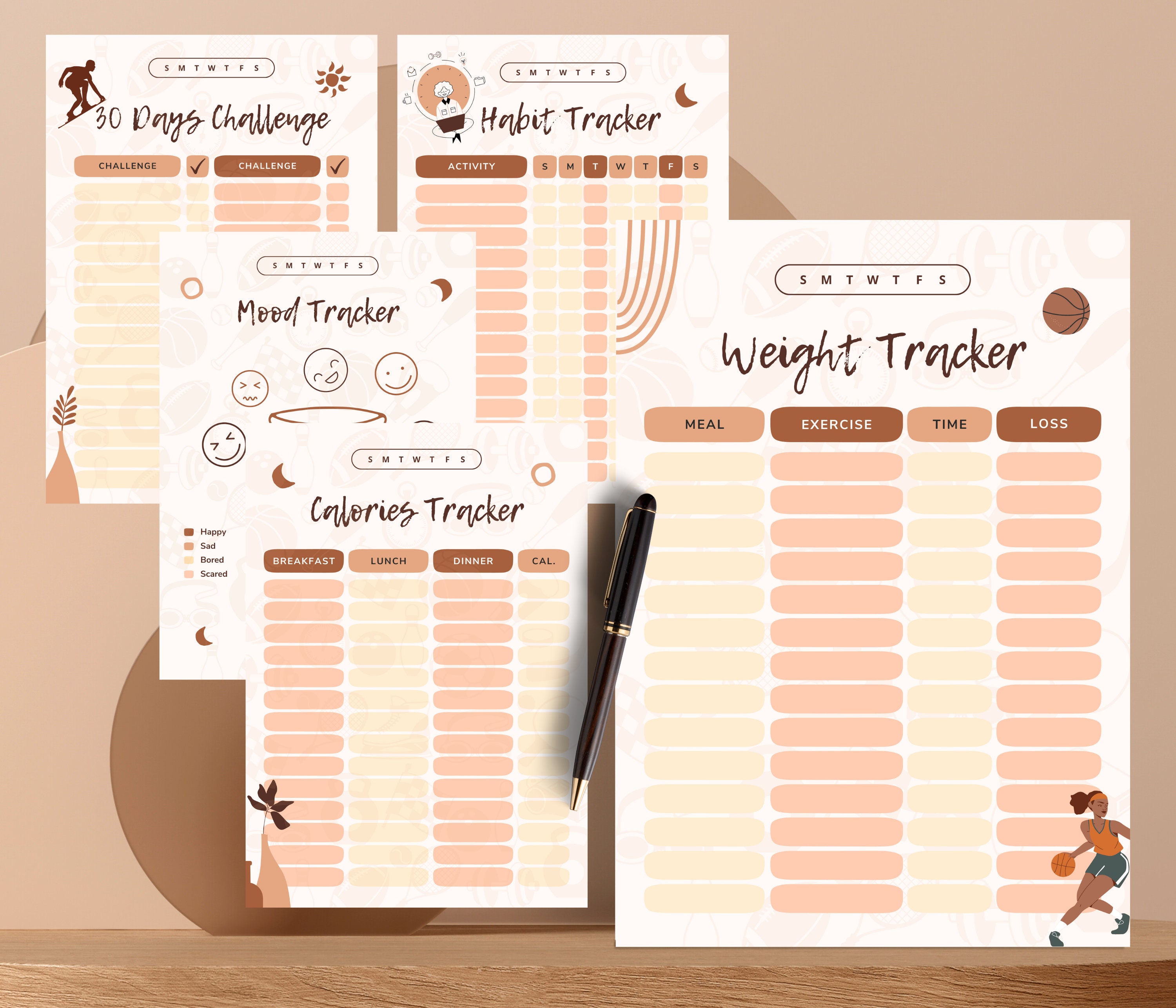 Terracotta, Beige Modern Boho Tracker Planner, Fitness Tracker, Habit ...