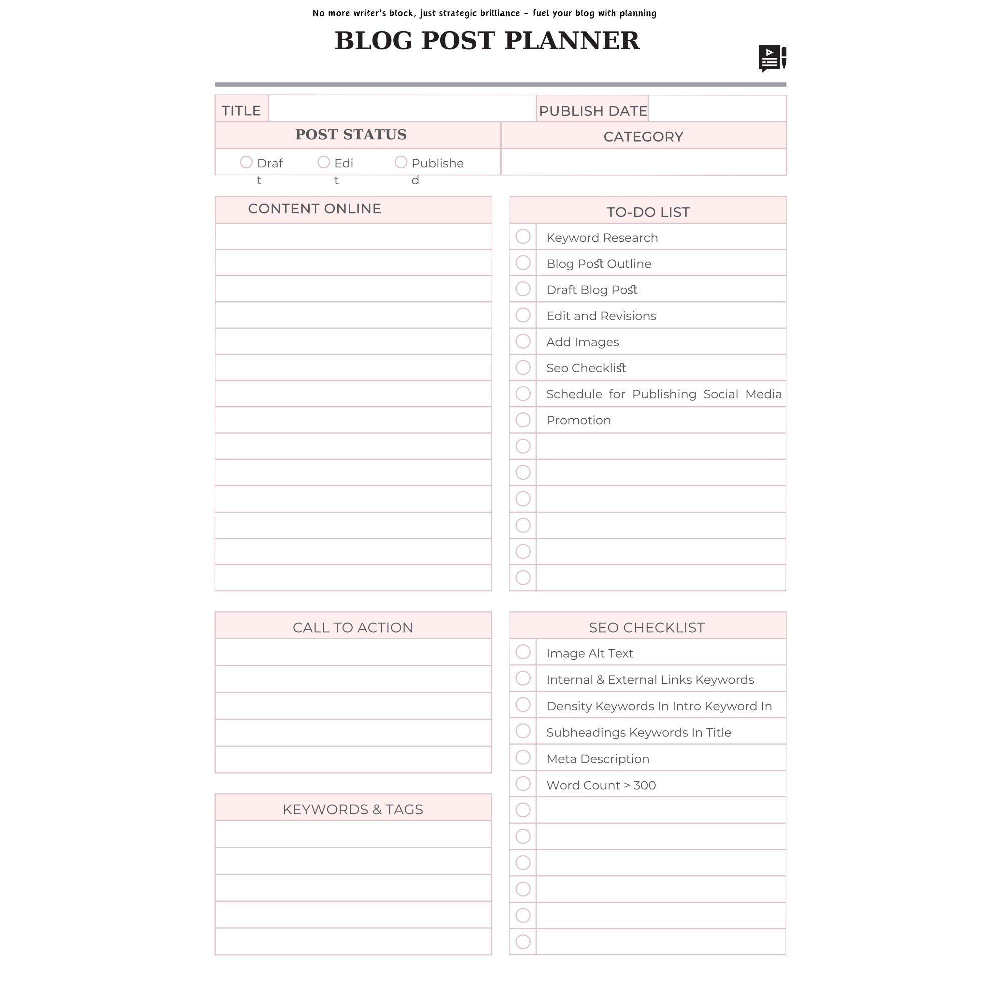 Blog Post Planner, Blog Post Checklist, Blogger Planner, Blog Content ...