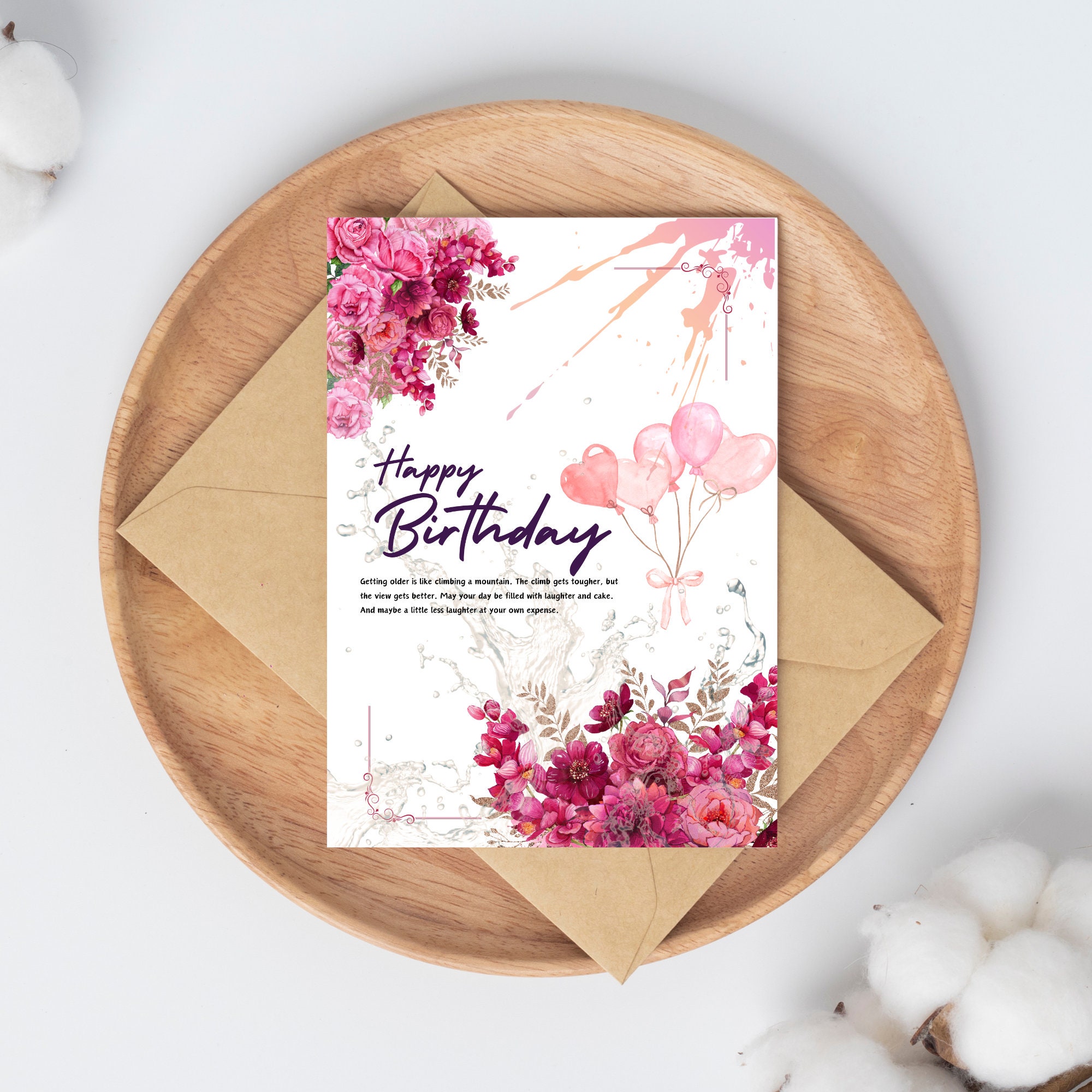 Pink and White Floral Happy Birthday Printable Card, Editable Happy ...