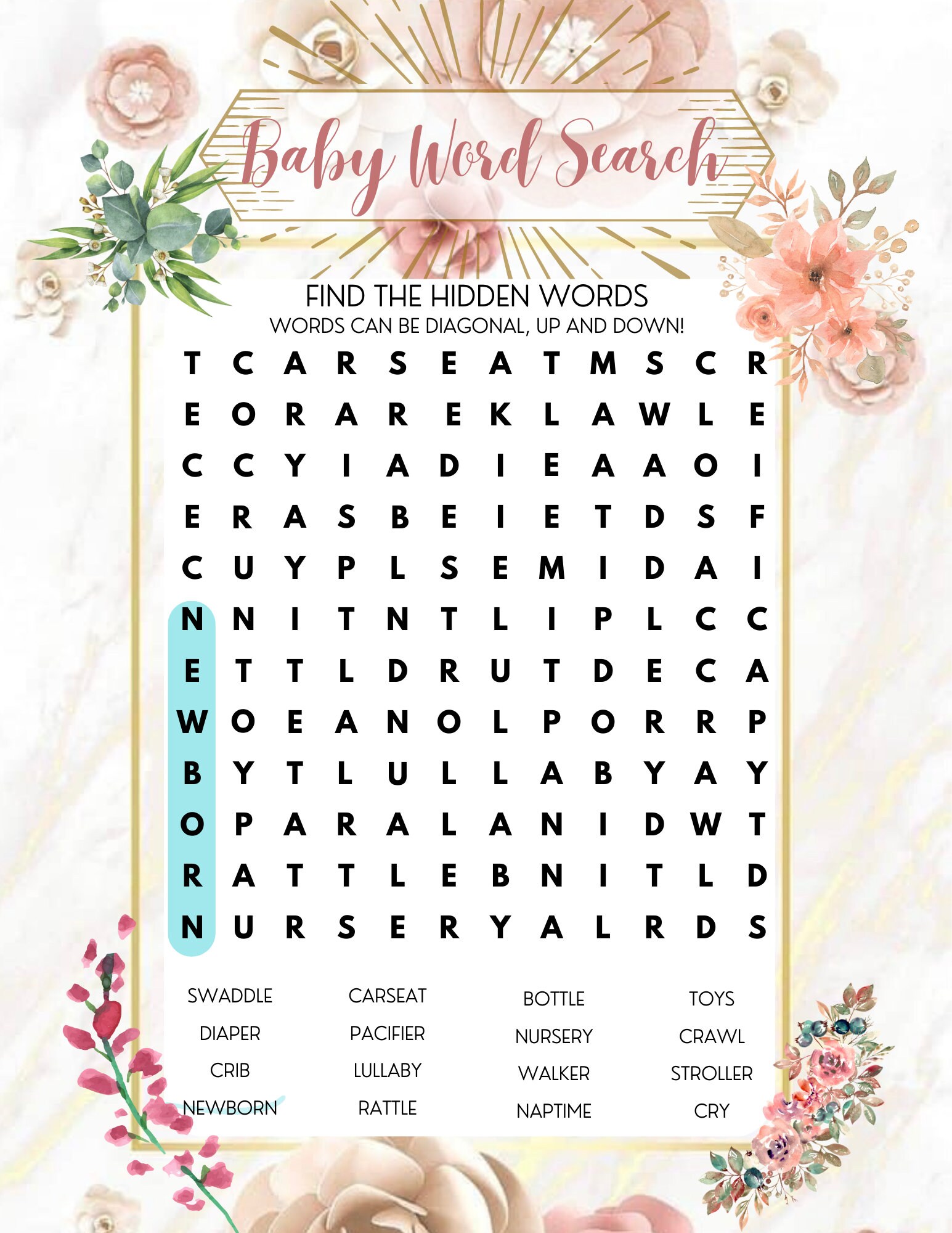 Baby Shower Flowers Floral Word Search, Printable Games - Etsy