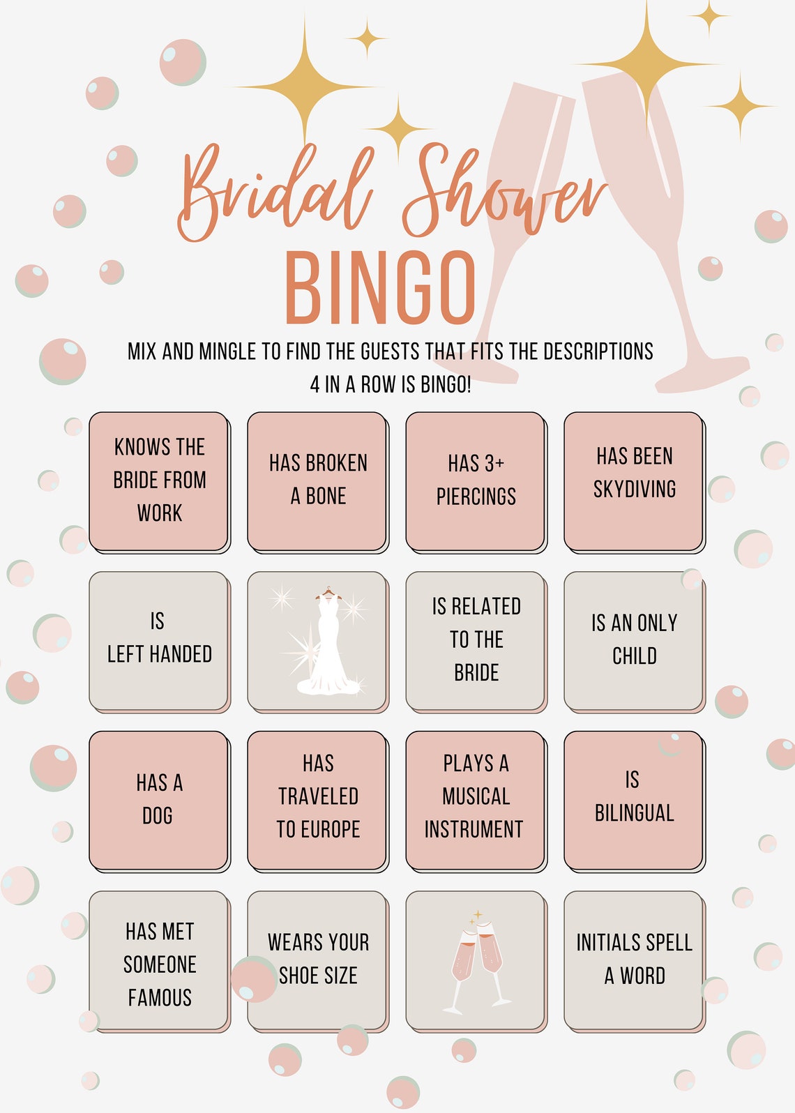 Champagne Bubbly Brunch Bridal Shower Wedding Bingo Card Digital ...