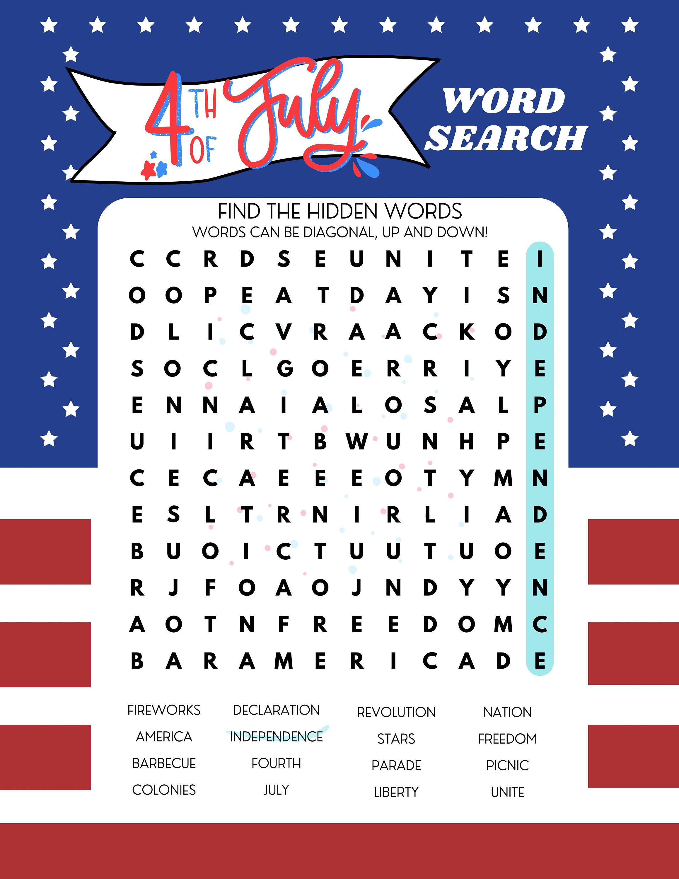 July 4th Independence Day Word Search, Classroom Games, Teacher, Party ...