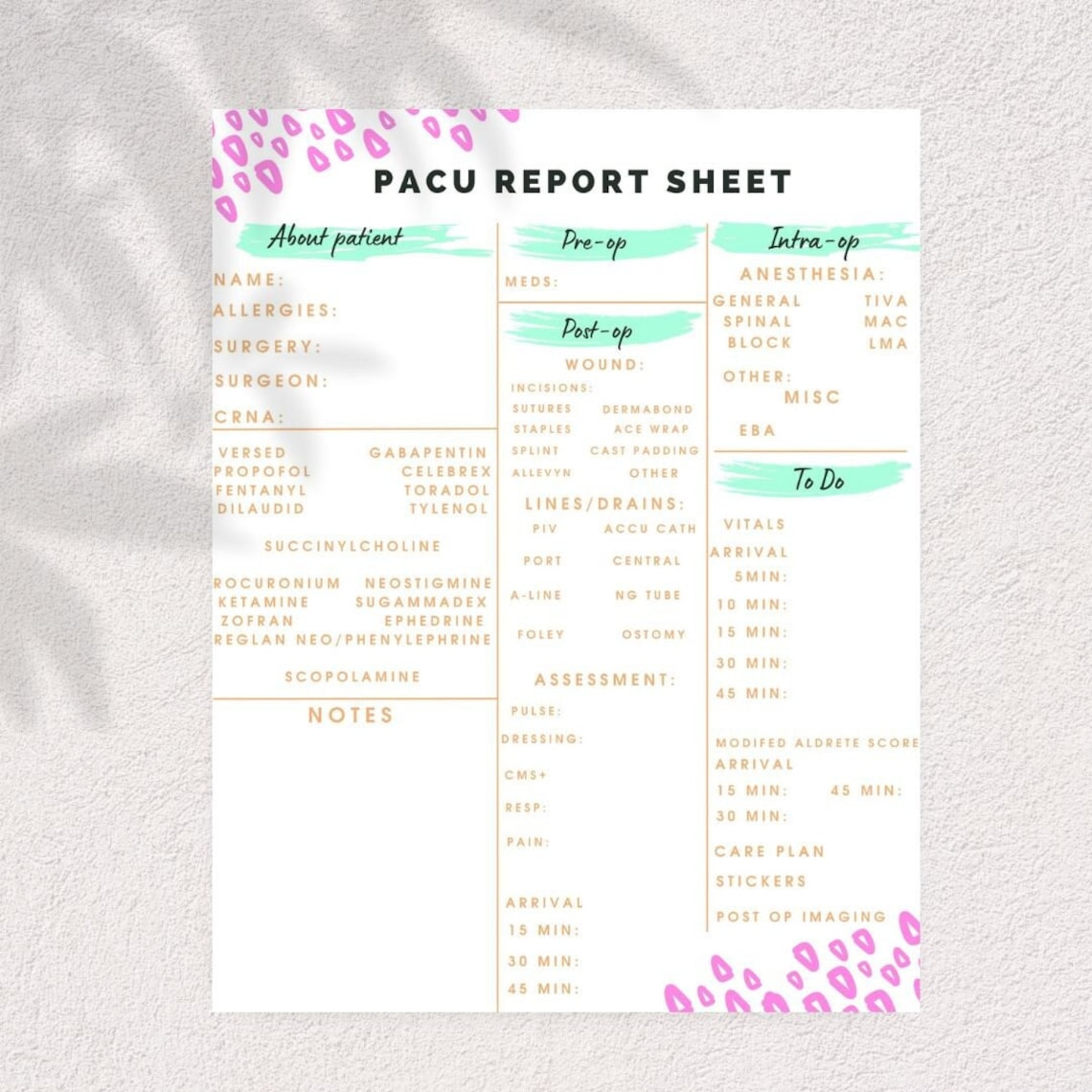 PACU Nurse Report Sheet for Recovery Room Report Sheet Post-op Nurse ...
