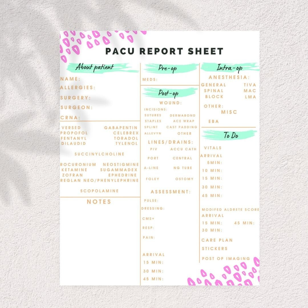 PACU Nurse Report Sheet for Recovery Room Report Sheet Post-op Nurse ...